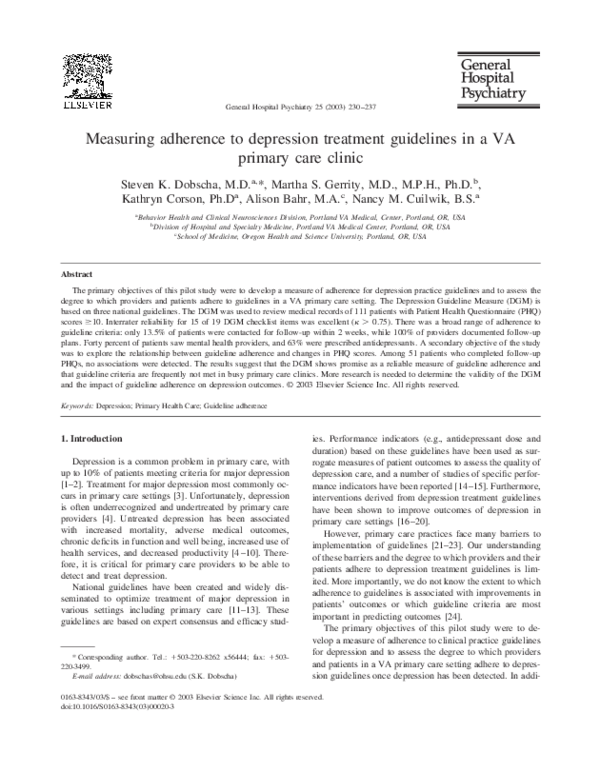 (PDF) Measuring adherence to depression treatment guidelines in a VA ...