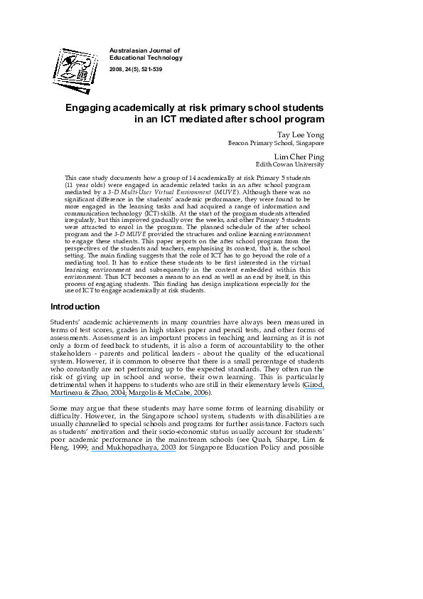(PDF) Engaging academically at risk primary school students in an ICT ...