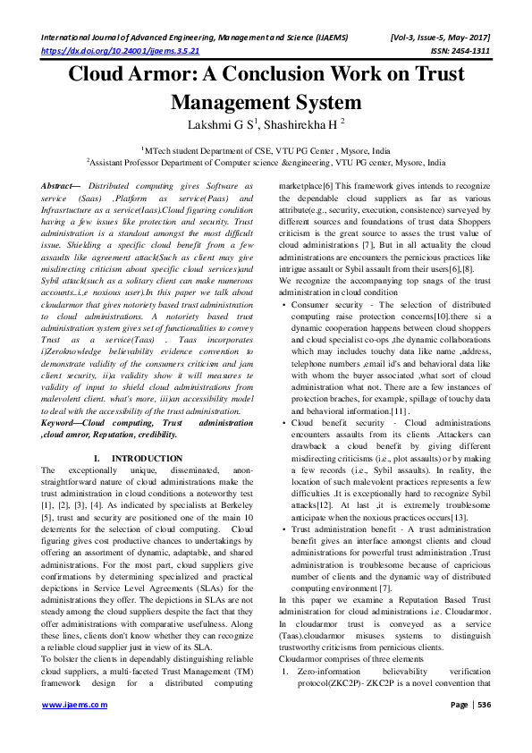 (PDF) Cloud Armor: A Conclusion Work on Trust Management System