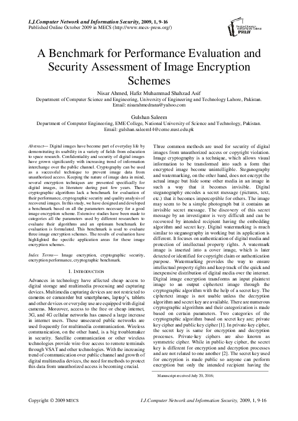 (PDF) A Benchmark for Performance Evaluation and Security Assessment of Image Encryption Schemes
