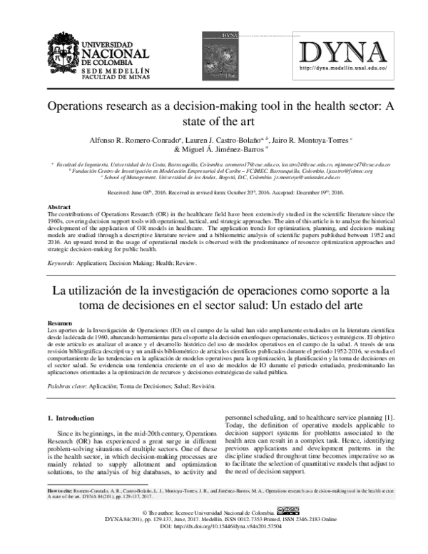(PDF) Operations research as a decision-making tool in the health ...