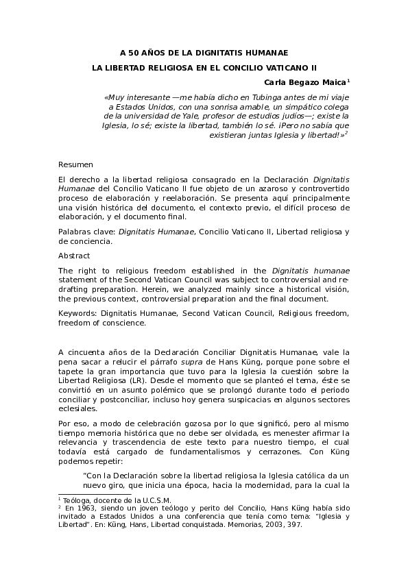 (DOC) A 50 AÑOS DE LA DIGNITATIS HUMANAE LA LIBERTAD RELIGIOSA EN EL ...