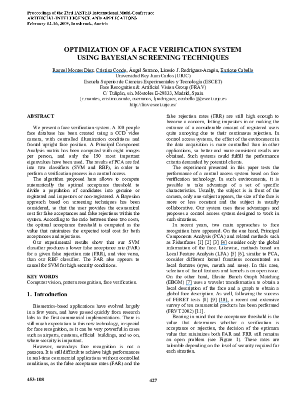 Pdf Optimization Of A Face Verification System Using Bayesian