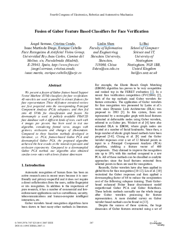Pdf Fusion Of Gabor Feature Based Classifiers For Face Verification