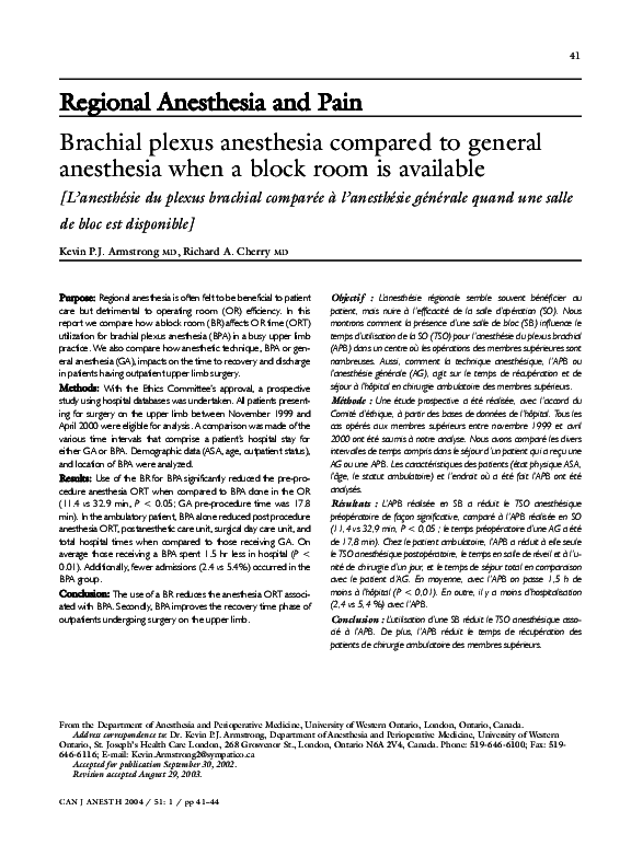(PDF) Brachial plexus anesthesia compared to general anesthesia when a ...