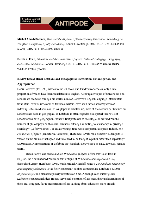 (PDF) Review of Derek R. Ford, "Education and the production of space"