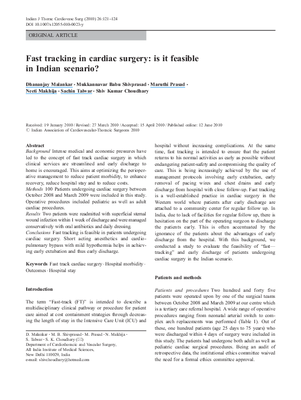 (PDF) Fast tracking in cardiac surgery: is it feasible in Indian ...