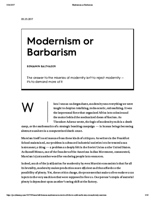 (PDF) Modernism or Barbarism: Marshall Berman's Modernism in the ...