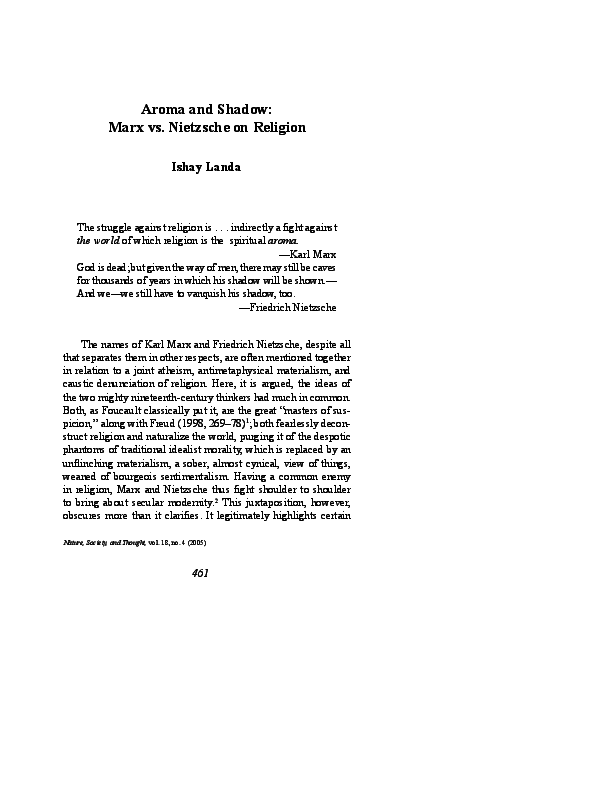 (PDF) Aroma and Shadow: Marx vs. Nietzsche on Religion