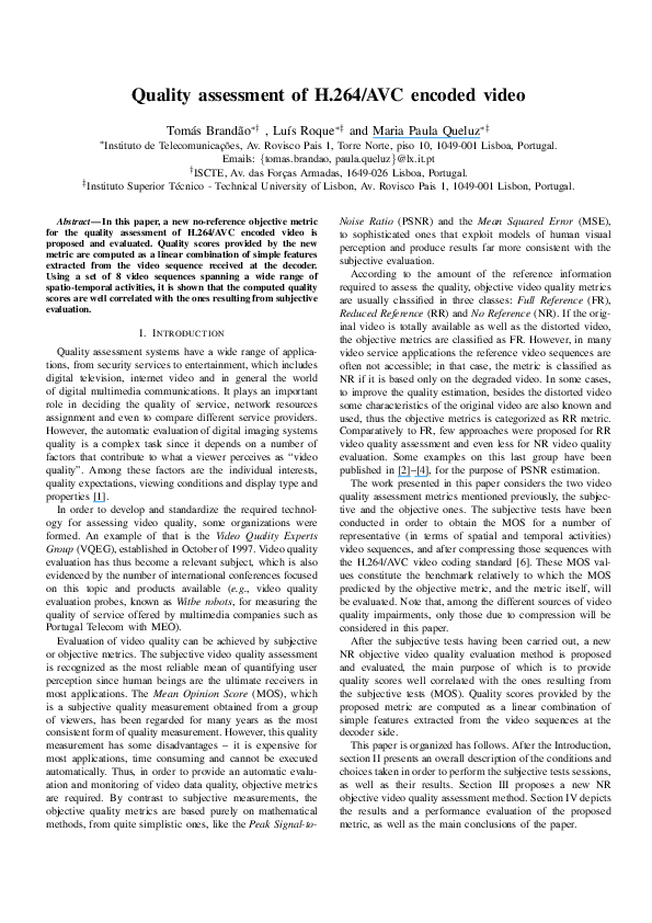 (PDF) No-Reference Quality Assessment of H.264/AVC Encoded Video