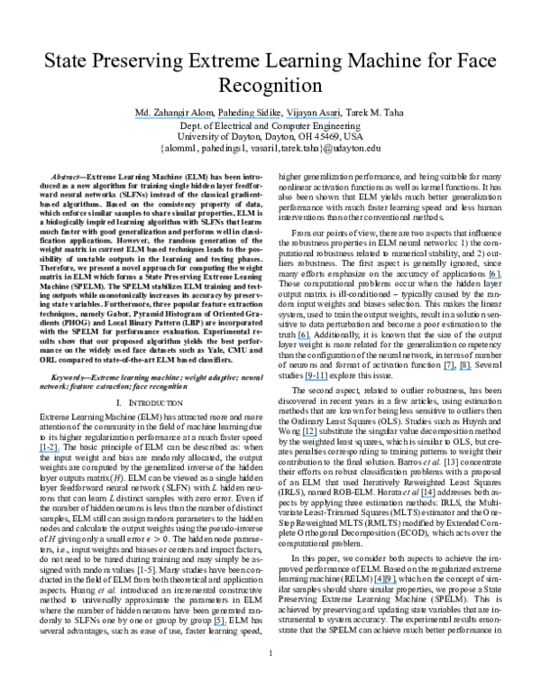 (PDF) State Preserving Extreme Learning Machine for face recognition