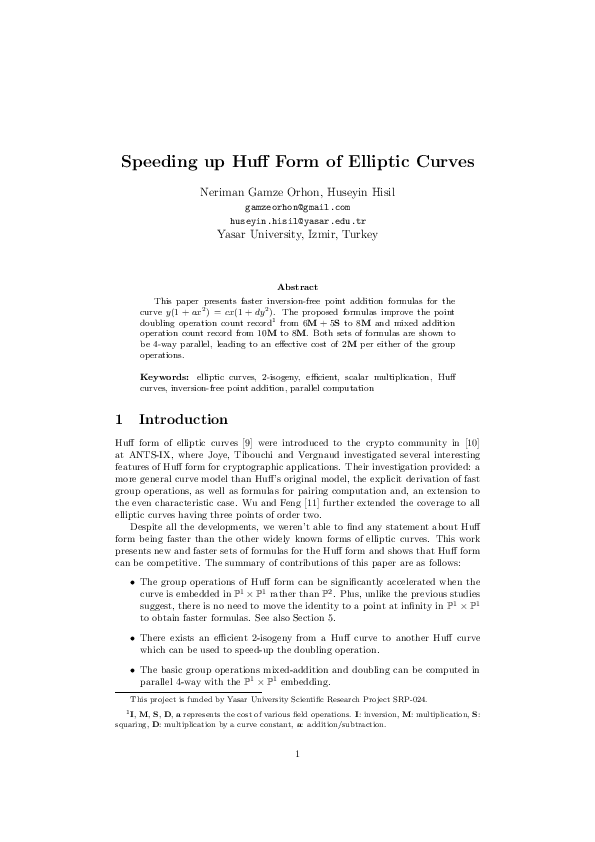 (PDF) Speeding up Huff Form of Elliptic Curves