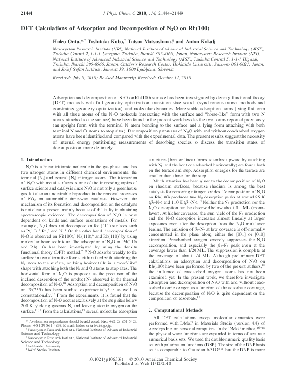 (PDF) DFT Calculations of Adsorption and Decomposition of N 2 O on Rh(100)