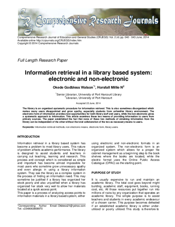 (PDF) Information retrieval in a library based system: electronic and ...