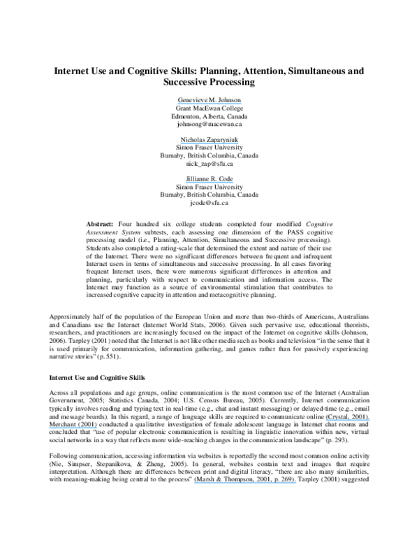 (PDF) Internet Use and Cognitive Skills: Planning, Attention ...