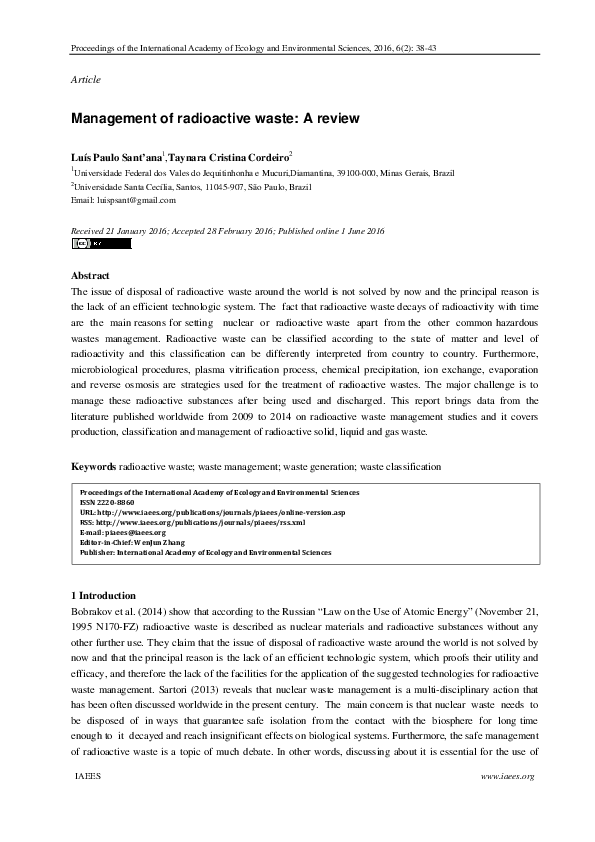 (PDF) Management of radioactive waste: A review