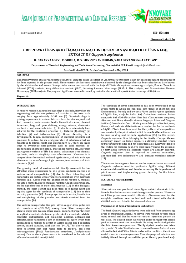 (PDF) GREEN SYNTHESIS AND CHARACTERIZATION OF SILVER NANOPARTICLE USING LEAF EXTRACT OF Capparis ...