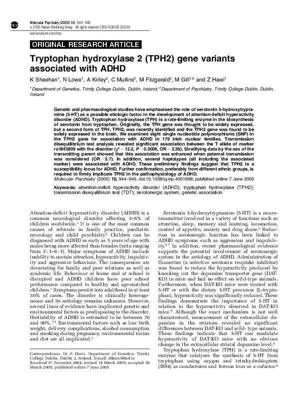 (PDF) Tryptophan hydroxylase 2 (TPH2) gene variants associated with ADHD