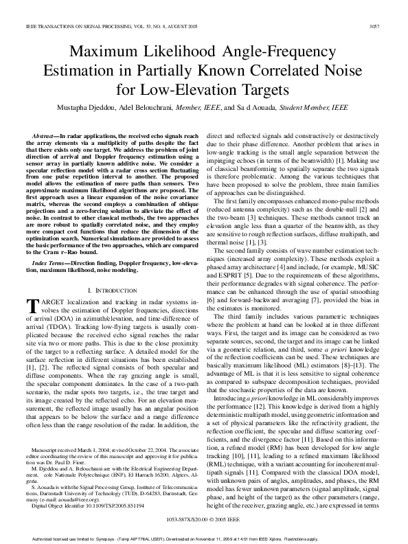 (PDF) Maximum likelihood angle-frequency estimation in partially known correlated noise for low ...