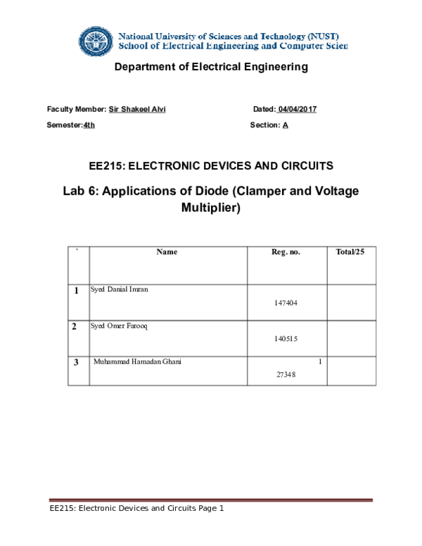 (DOC) Department of Electrical Engineering Lab 6: Applications of Diode (Clamper and Voltage ...