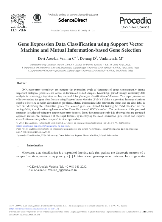 Pdf Gene Expression Data Classification Using Support Vector Machine And Mutual Information