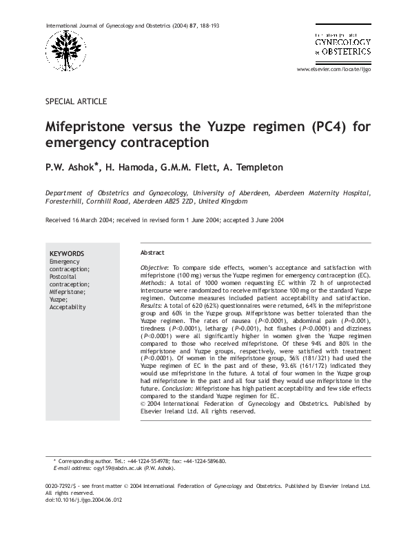 (PDF) Mifepristone versus the Yuzpe regimen (PC4) for emergency ...