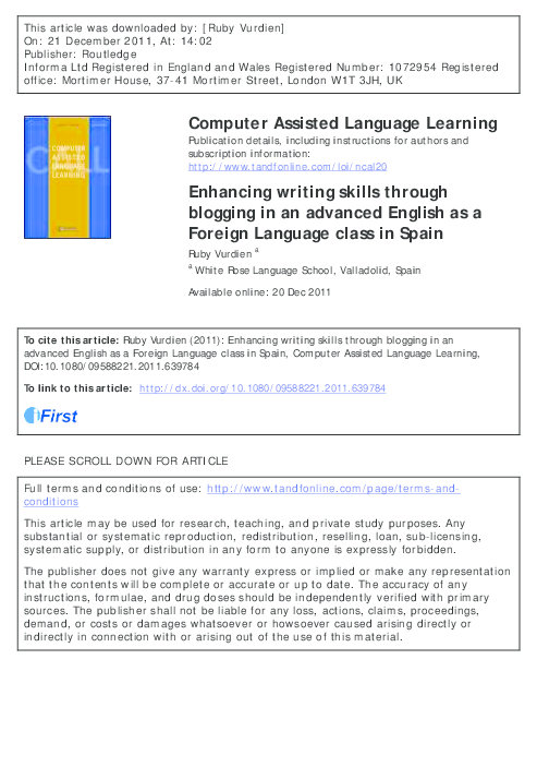 (PDF) Enhancing writing skills through blogging in an advanced English as a Foreign Language ...