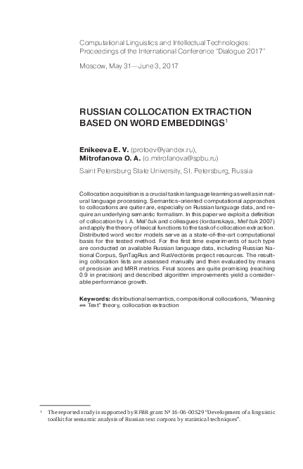 Pdf Russian Collocation Extraction Based On Word Embeddings