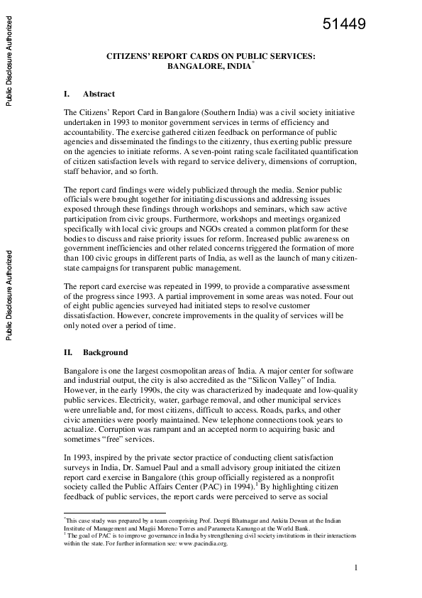(PDF) Citizens' report cards on public services : Bangalore, India