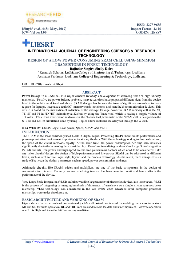 Pdf Design Of A Low Power Consuming Sram Cell Using Minimum Transistors In Finfet Technology