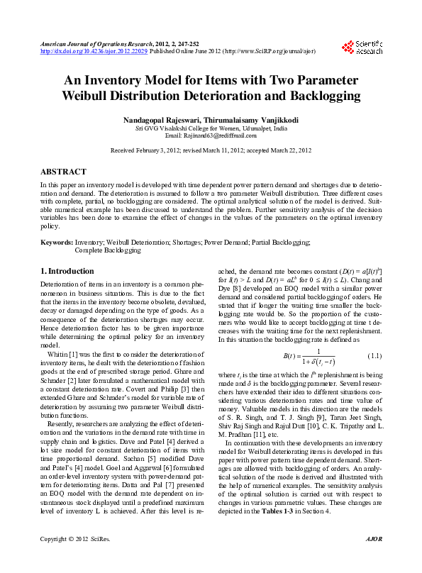 Pdf An Inventory Model For Items With Two Parameter Weibull Distribution Deterioration And