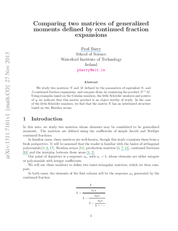 (PDF) Comparing two matrices of generalized moments defined by continued fraction expansions