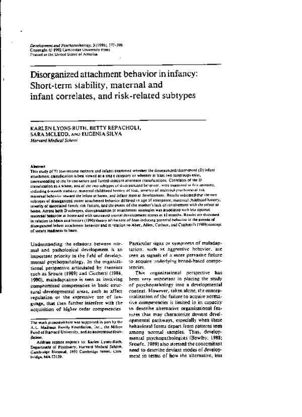 (PDF) Disorganized attachment behavior in infancy: Short-term stability ...