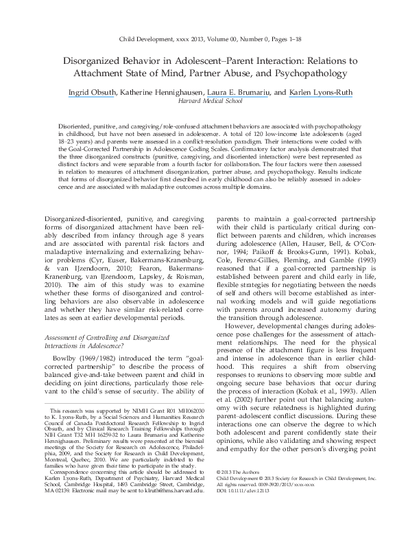 (PDF) Disorganized Behavior in Adolescent-Parent Interaction: Relations ...
