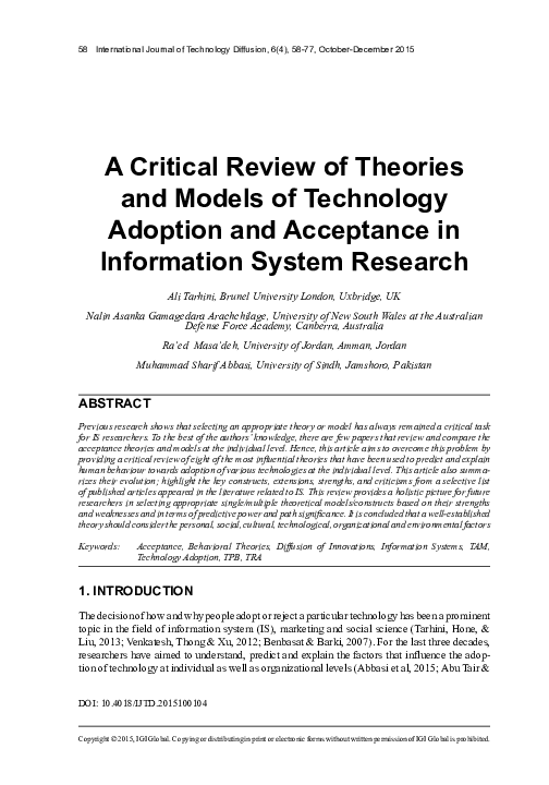 (PDF) A Critical Review of Theories and Models of Technology Adoption ...