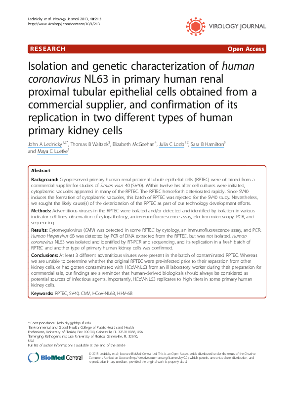 (PDF) Isolation and genetic characterization of human coronavirus NL63 ...