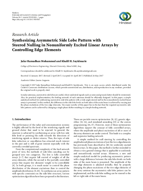 (PDF) Synthesizing Asymmetric Side Lobe Pattern with Steered Nulling in Nonuniformly Excited ...