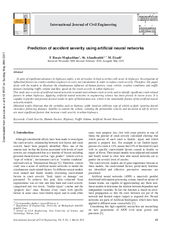 Pdf Prediction Of Accident Severity Using Artificial Neural Networks