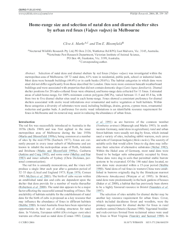 (PDF) Home-range size and selection of natal den and diurnal shelter ...