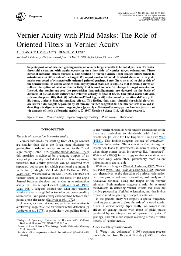 (PDF) Vernier acuity with plaid masks: the role of oriented filters in ...