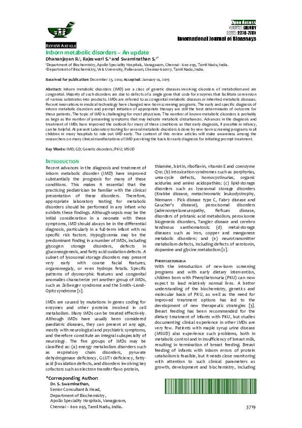 (PDF) Inborn metabolic disorders – An update