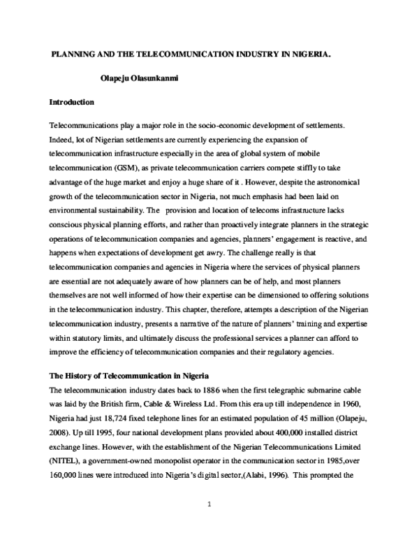 (PDF) PLANNING AND THE TELECOMMUNICATION INDUSTRY IN NIGERIA