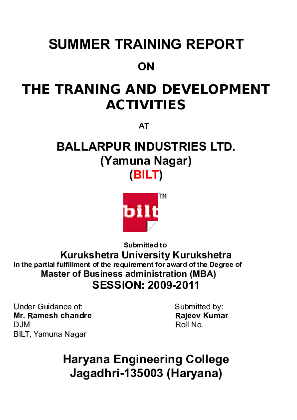 (DOC) SUMMER TRAINING REPORT THE TRANING AND DEVELOPMENT ACTIVITIES AT ...