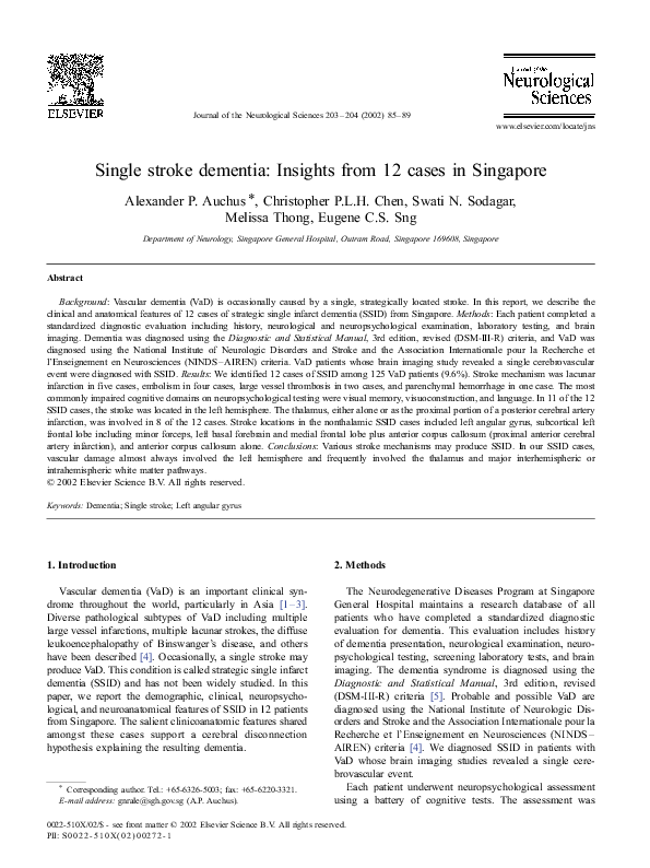 (PDF) Single stroke dementia: Insights from 12 cases in Singapore