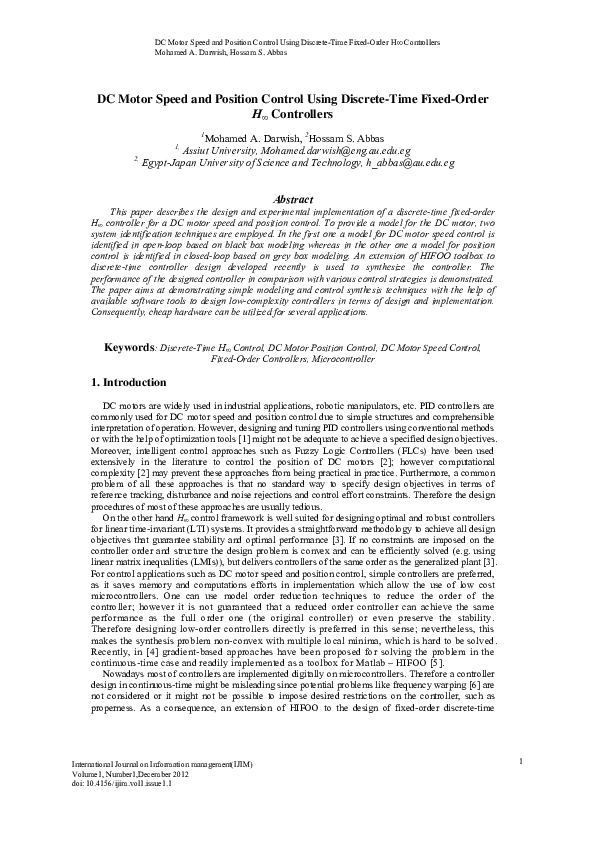 Pdf Dc Motor Speed And Position Control Using Discrete Time Fixed Order H ∞ Controllers