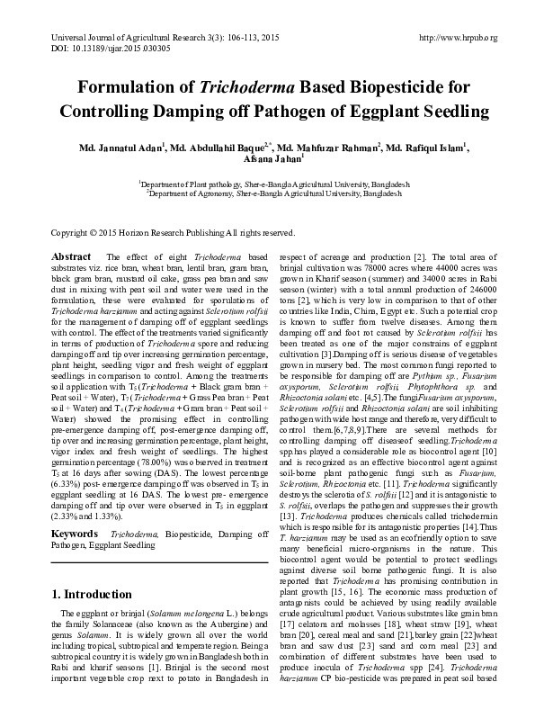 Pdf Formulation Of Trichoderma Based Biopesticide For Controlling Damping Off Pathogen Of