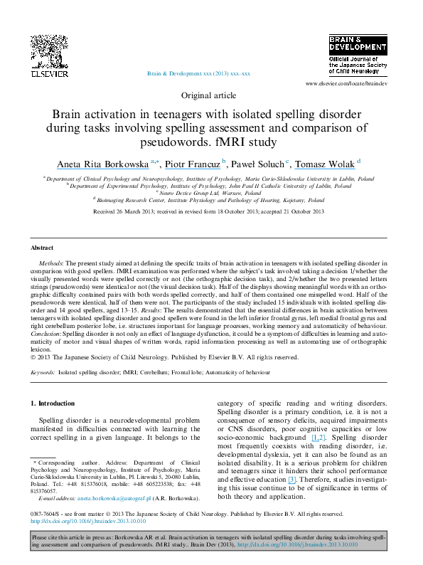 (PDF) Brain activation in teenagers with isolated spelling disorder ...