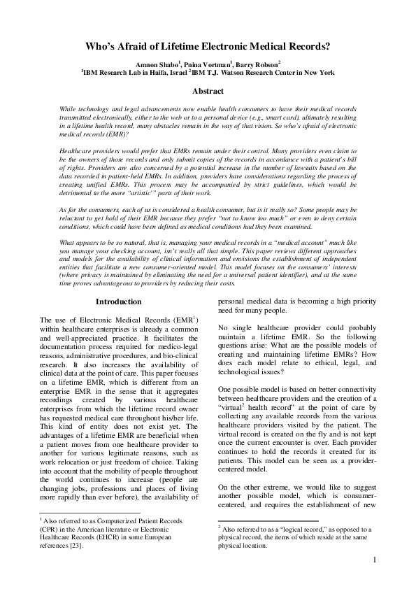 (PDF) Who's Afraid of Lifetime Electronic Medical Records?