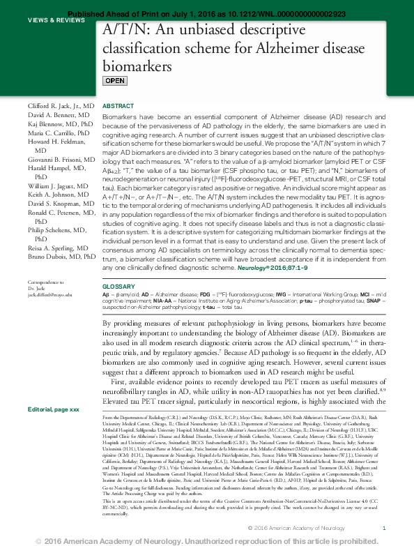 (PDF) NEUROLOGY_A-T-N classification system for AD biomarkers_2016.pdf