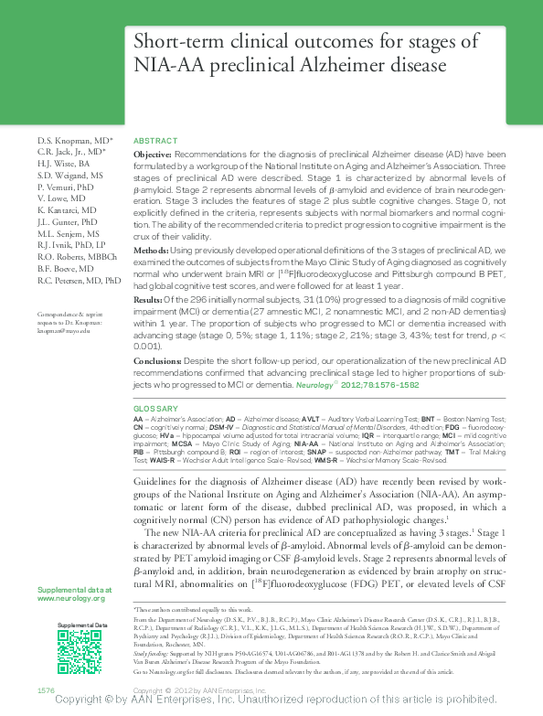 (PDF) KNOPMAN - Short-term clinical outcomes for stages of NIA-AA ...